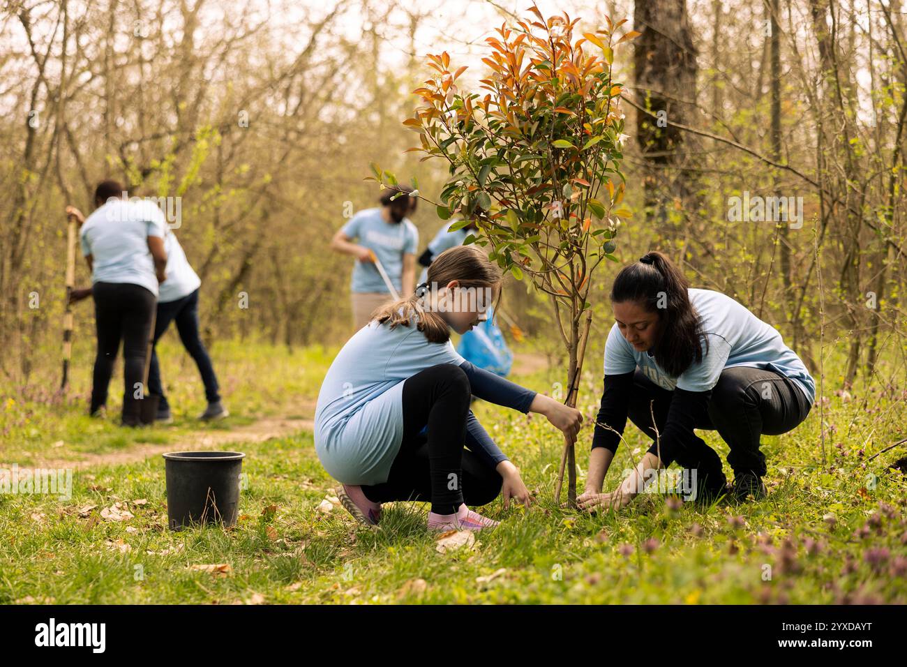 Mother and daughter cultivating life by planting trees in the forest ...