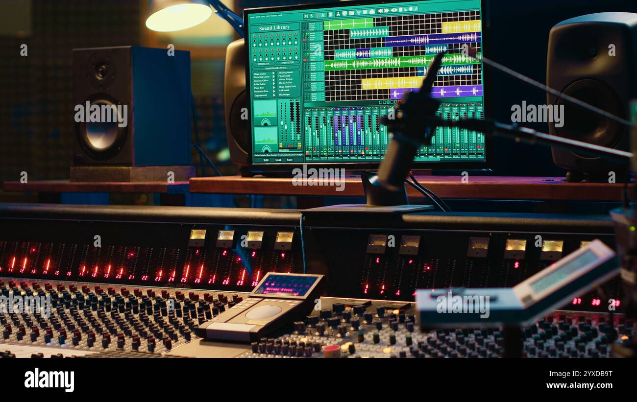 Empty control room filled with buttons and sliders used for recording ...