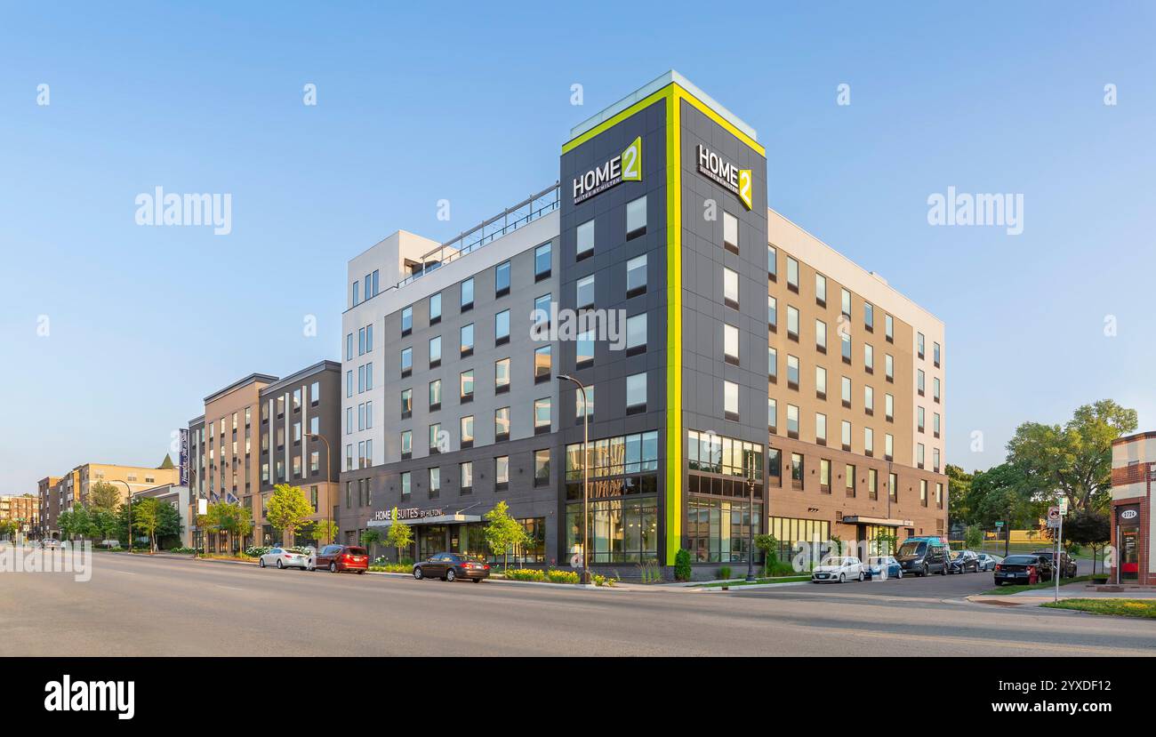Corner view of front exterior of Home2 Suites and Hampton Inn hotels ...