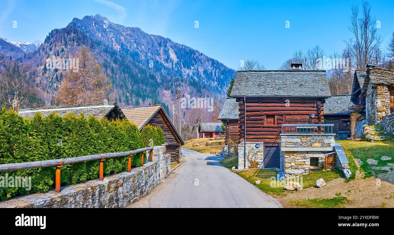 Panorama of Mogno Alpine village with traditional stone torba houses ...