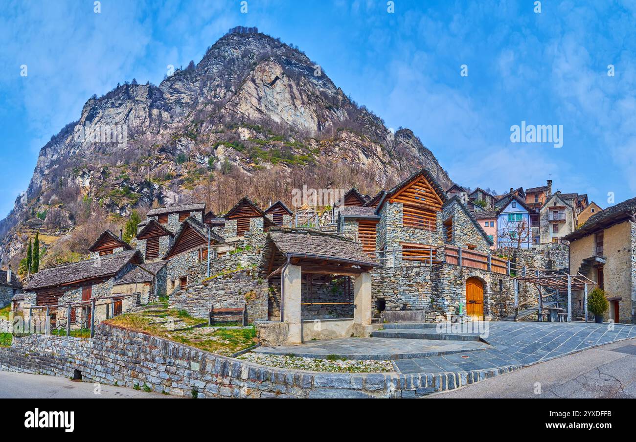 Brontallo village stone torba houses against Mount Pizzo di Brunesc, Val Lavizzara, Valemaggia ...