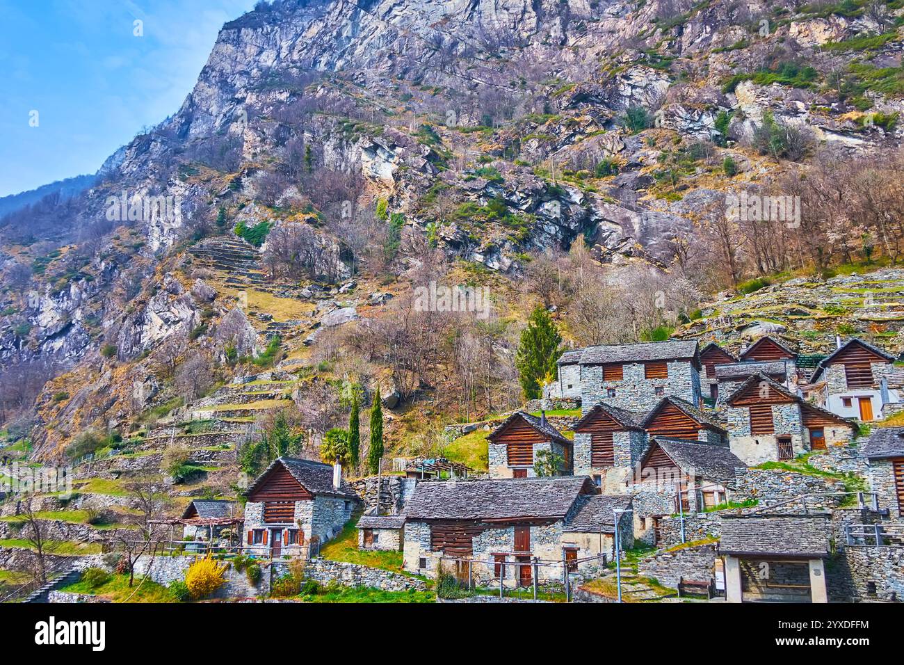 The medieval village of Brontallo, located on the steep Alpine slope ...