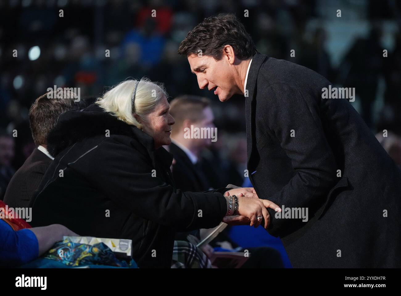 Colwood, Canada. 15th Dec, 2024. Prime Minister Justin Trudeau embraces ...