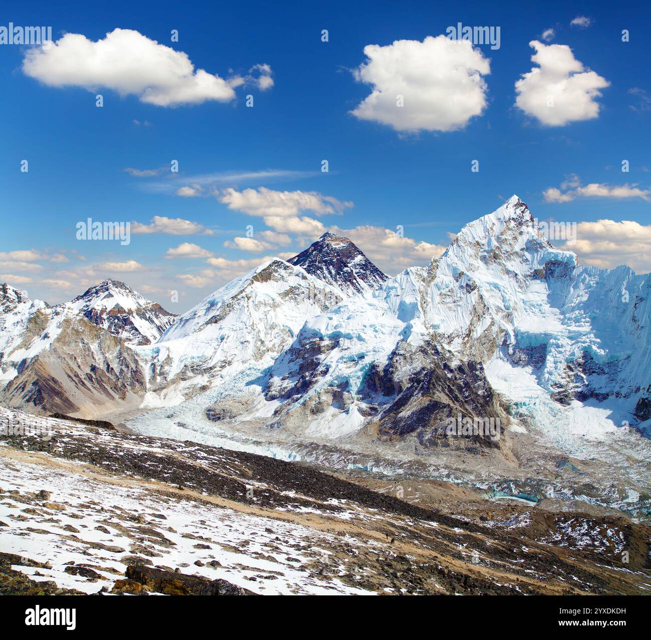 Panoramic view of mount Everest and mt. Nuptse with beautiful sky ...