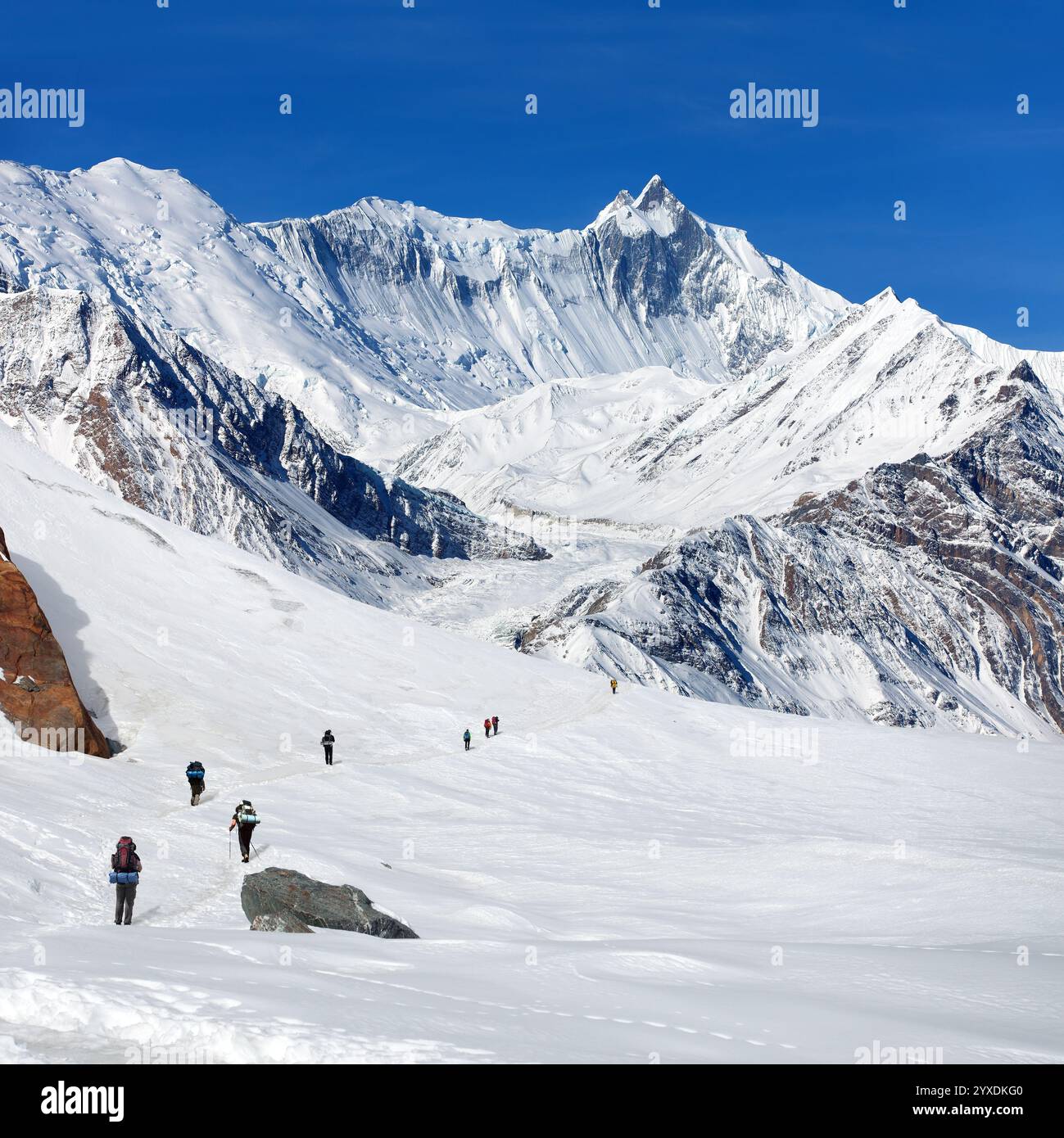 montage of hikers on glacier and Mount Khangsar Kang, Annapurna circuit ...