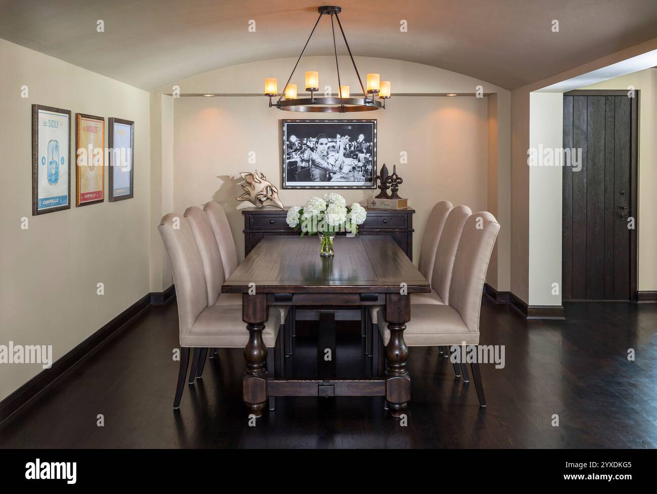 Formal dining room with dark wood furniture and coved ceiling Stock ...