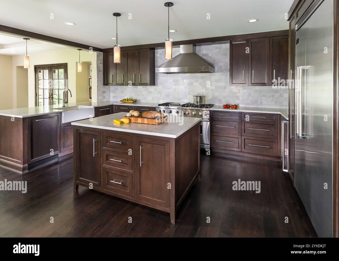 Dark stained rift sawn bookmatched red oak kitchen cabinets hi-res ...