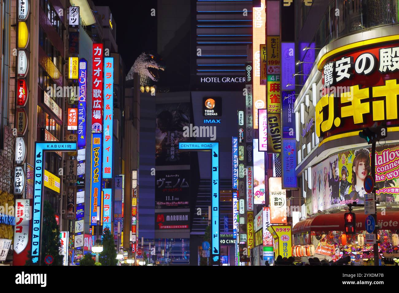 Godzilla Road and illuminated signs of Kabukicho in Shinjuku, Tokyo ...