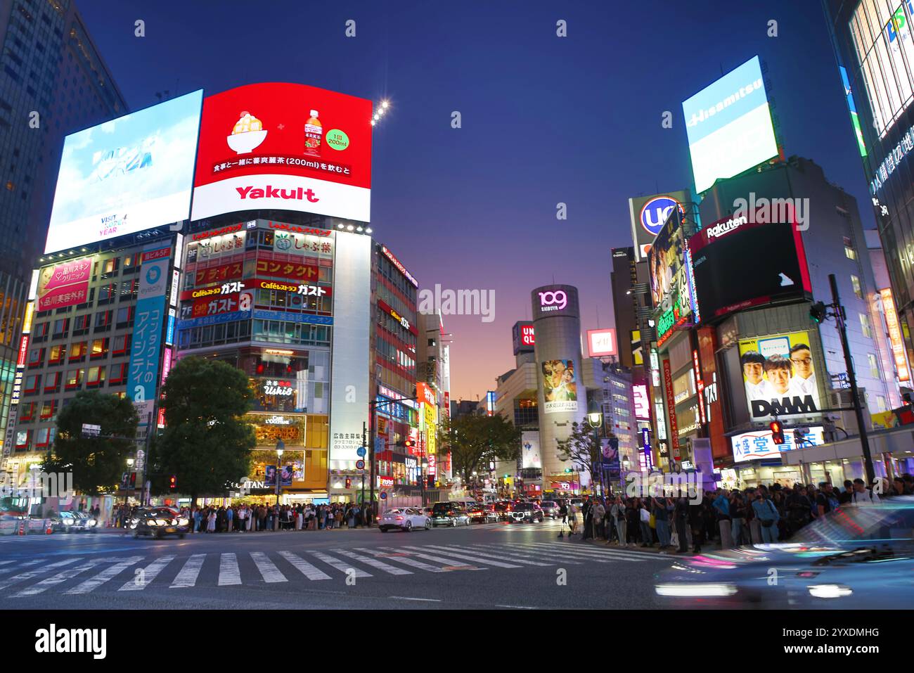 Buildings around the Shibuya Scramble Crossing at sunset in Shibuya ...