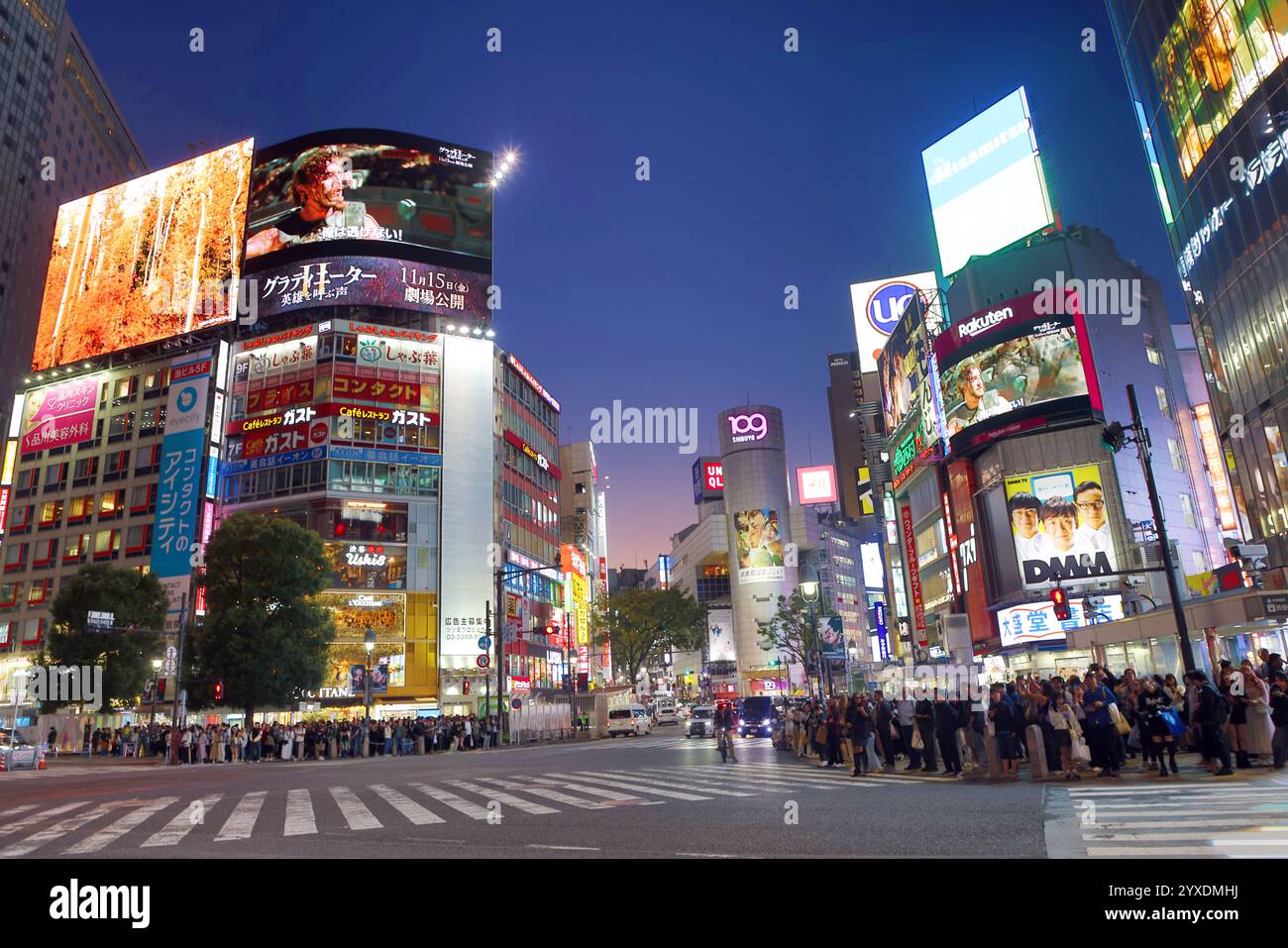 Buildings around the Shibuya Scramble Crossing at sunset in Shibuya ...