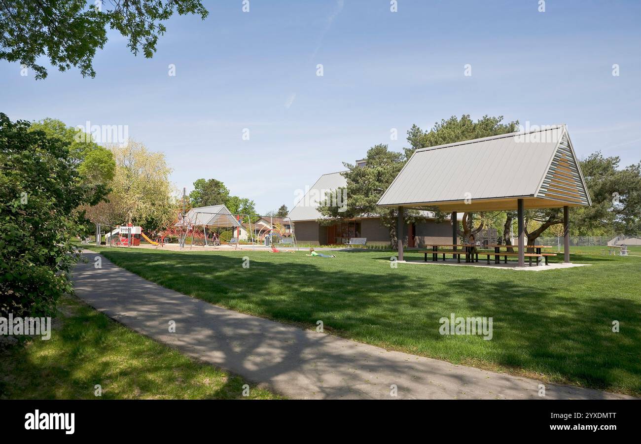View of park showing new modern shelters and walking path Stock Photo ...