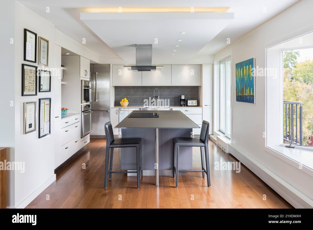 Modern white kitchen with gray island and drop down ceiling island ...