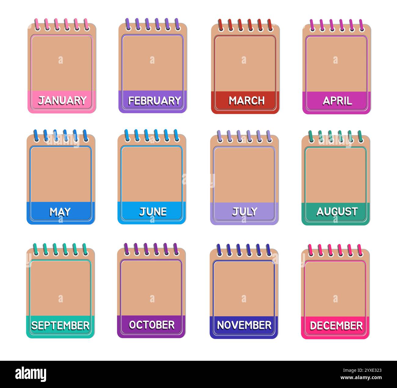 Twelve colorful monthly calendar pages ideal for planners agendas and ...