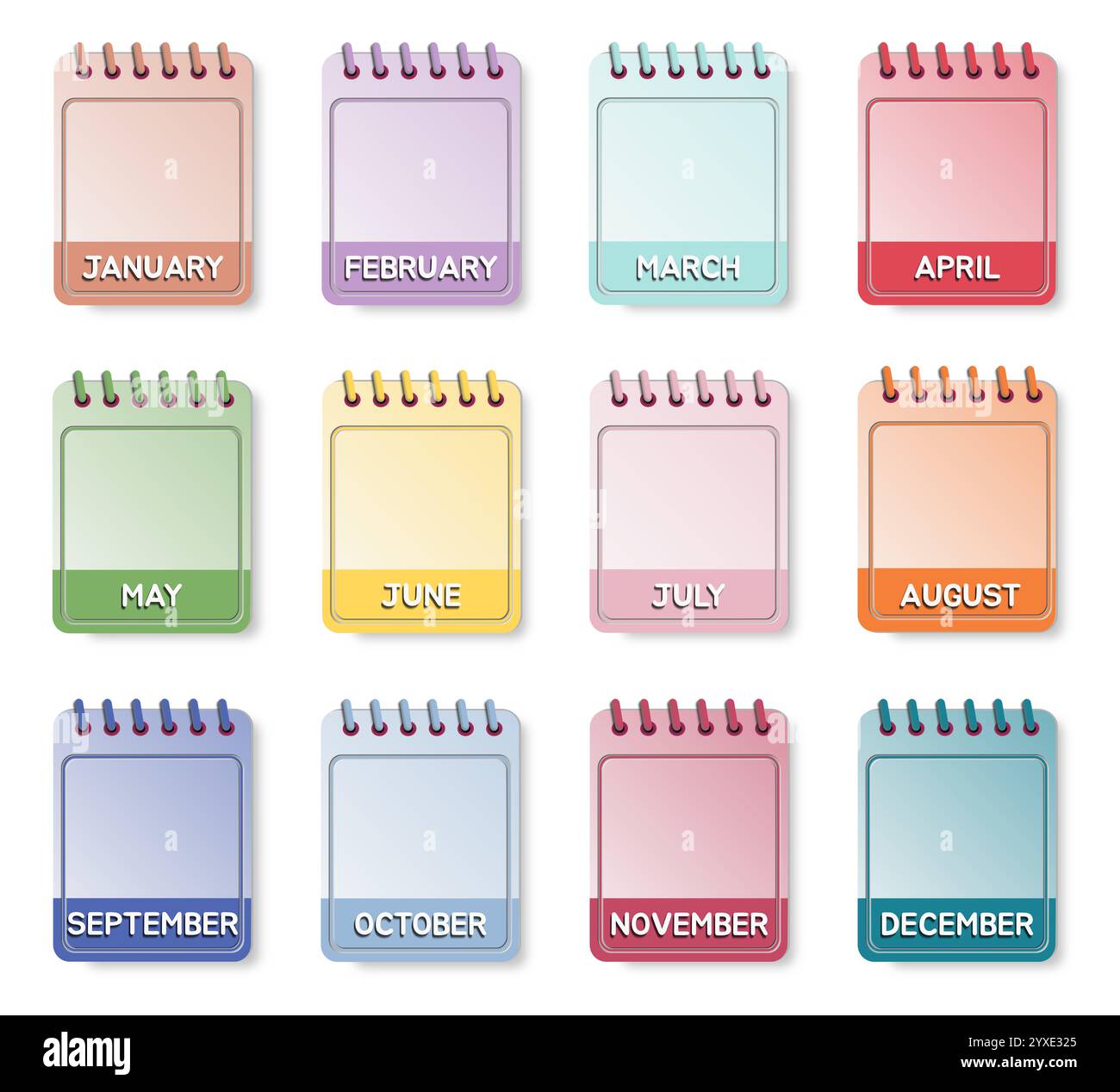A vibrant collection of twelve a pastel color monthly calendar pages ...