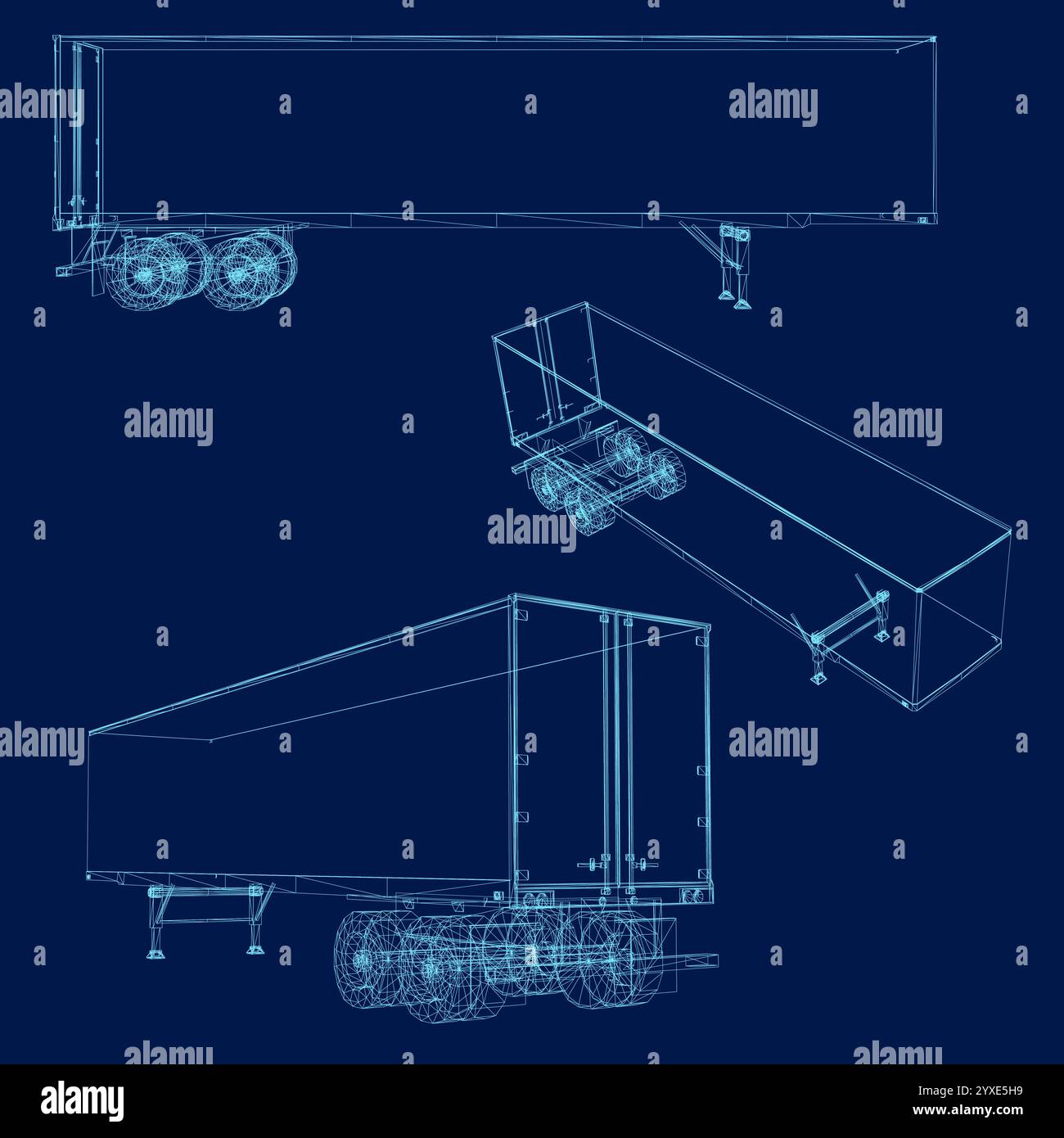 Car trailer icon set. Vector drawing. Blue wireframe. Isolated object ...