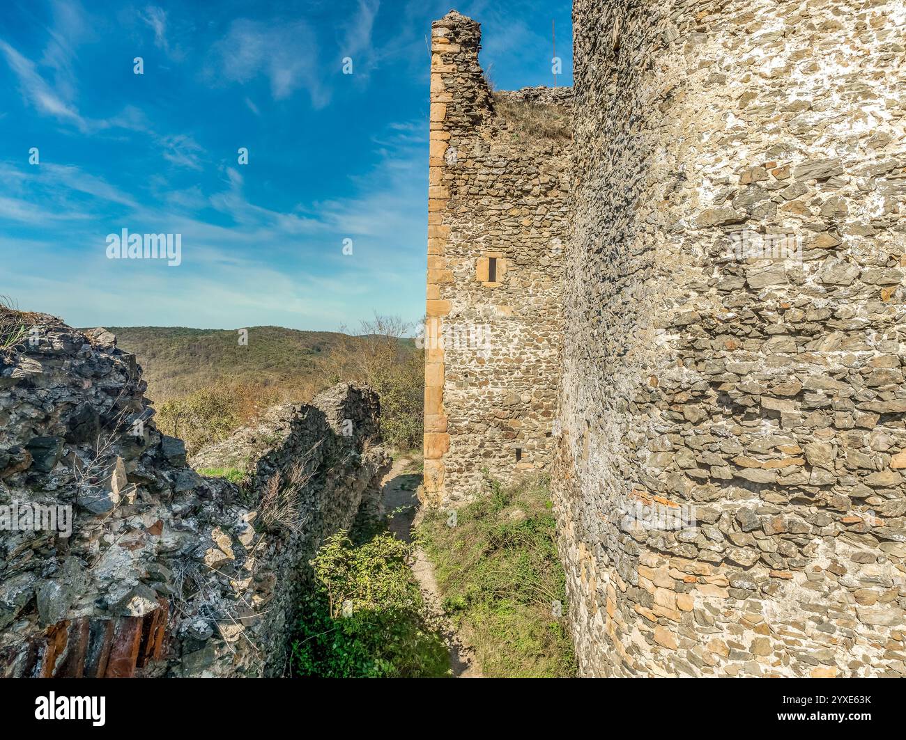 Aerial view of Soimos medieval castle ruin above the Mures river in ...
