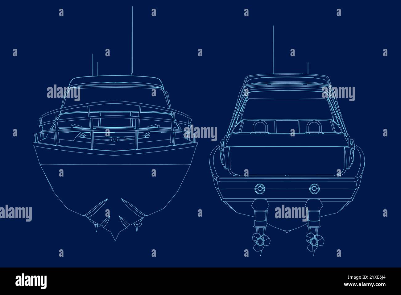 Sport fishing boat vector line art illustration. Front and back view ...