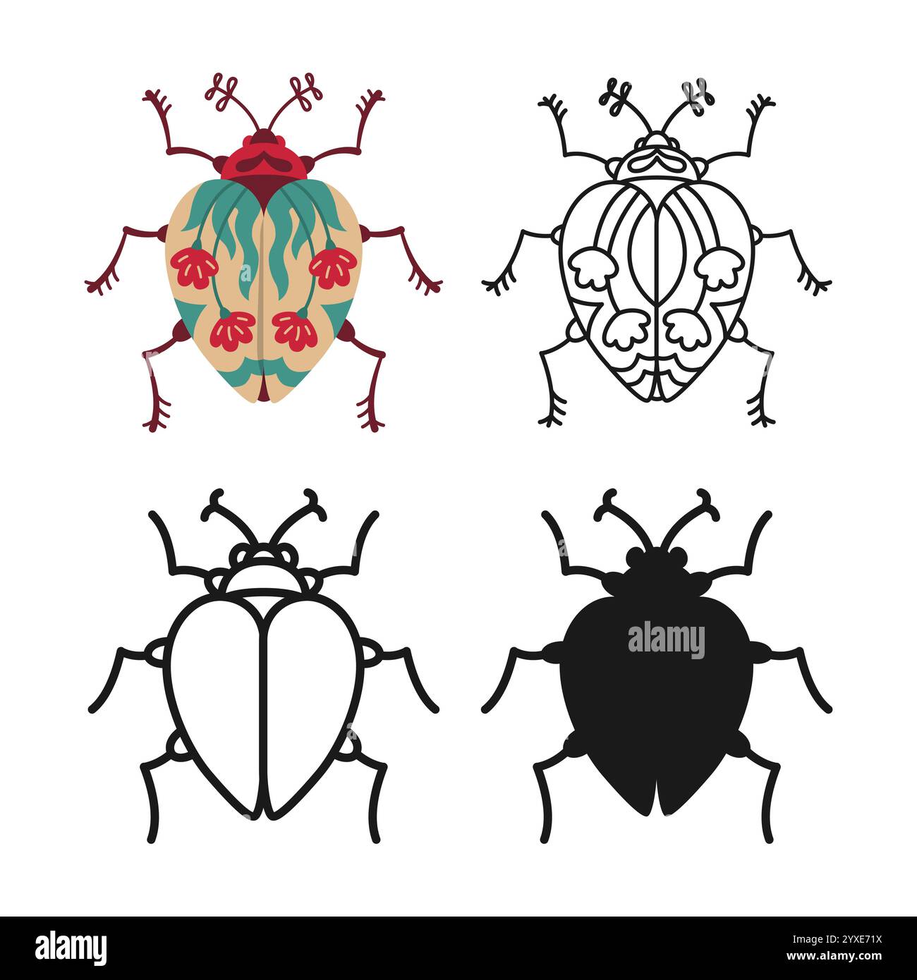 Beetle symbol cartoon set. Abstract bug linear icon. Stylized folk art ...