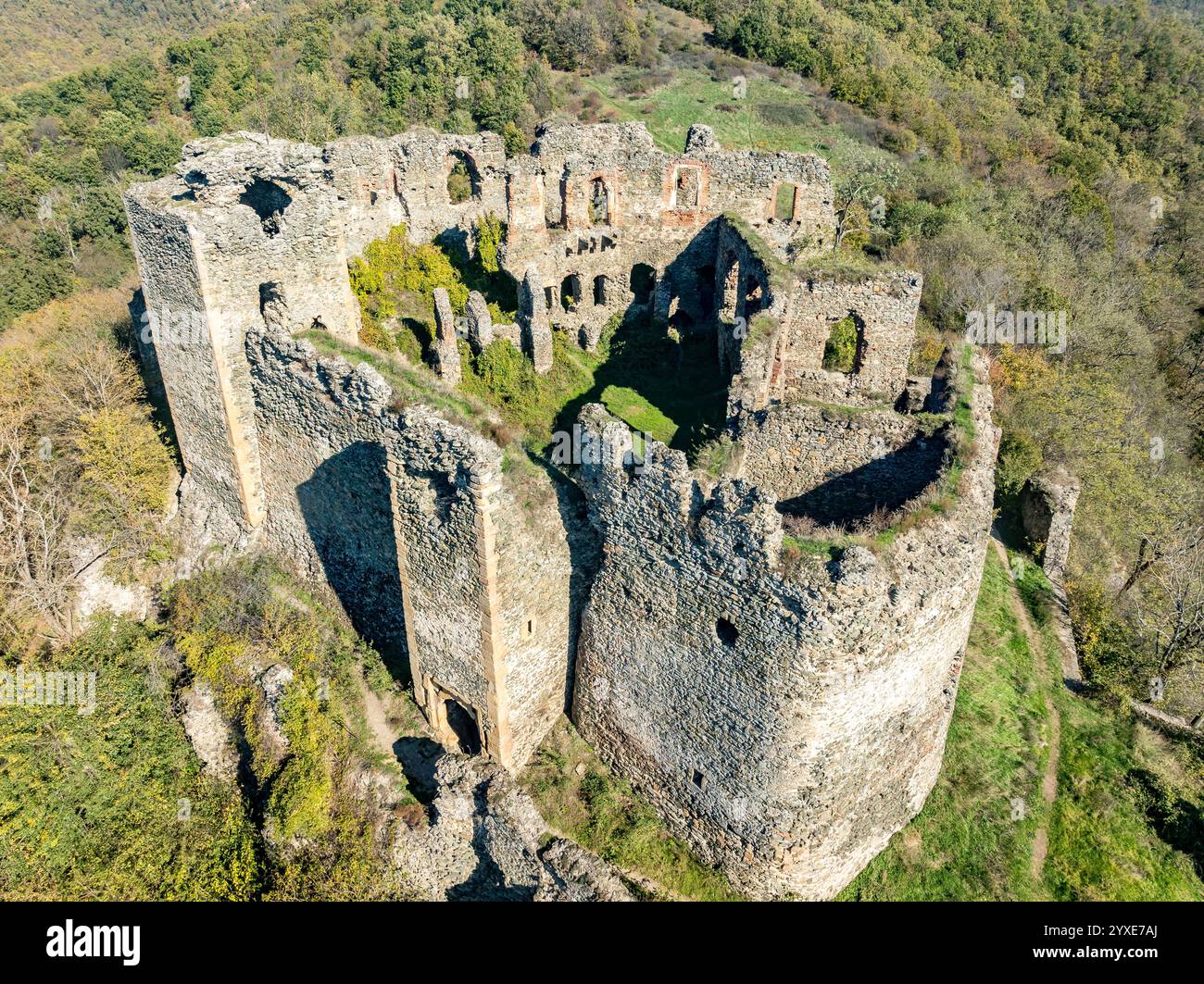 Aerial view of Soimos medieval castle ruin above the Mures river in ...
