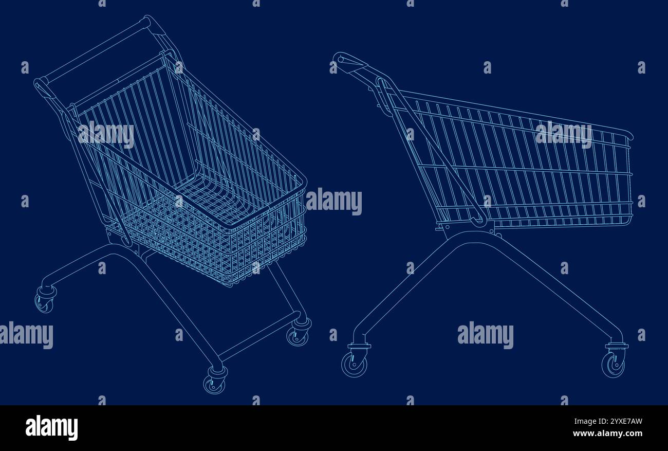Shopping cart contour. Isometric, side view. Vector illustration Stock ...