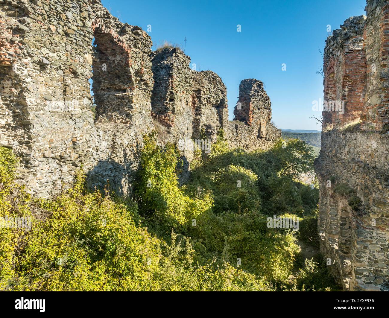 Aerial view of Soimos medieval castle ruin above the Mures river in Romania with Gothic palace ...