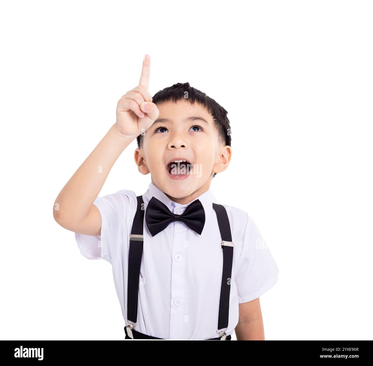cute school boy pointing to empty place on white background Stock Photo ...