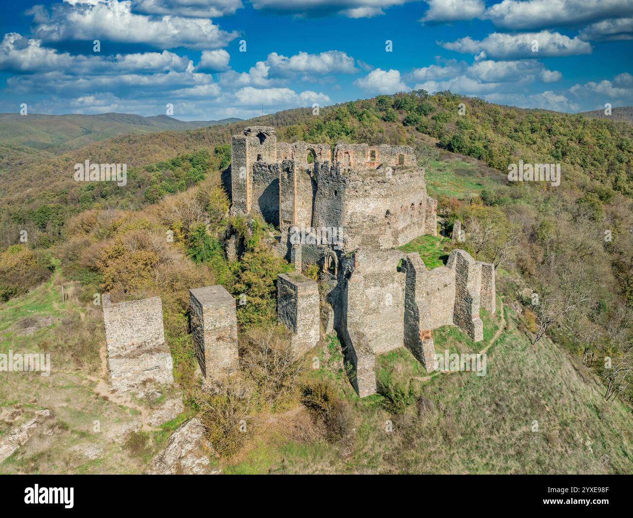 Aerial view of Soimos medieval castle ruin above the Mures river in ...