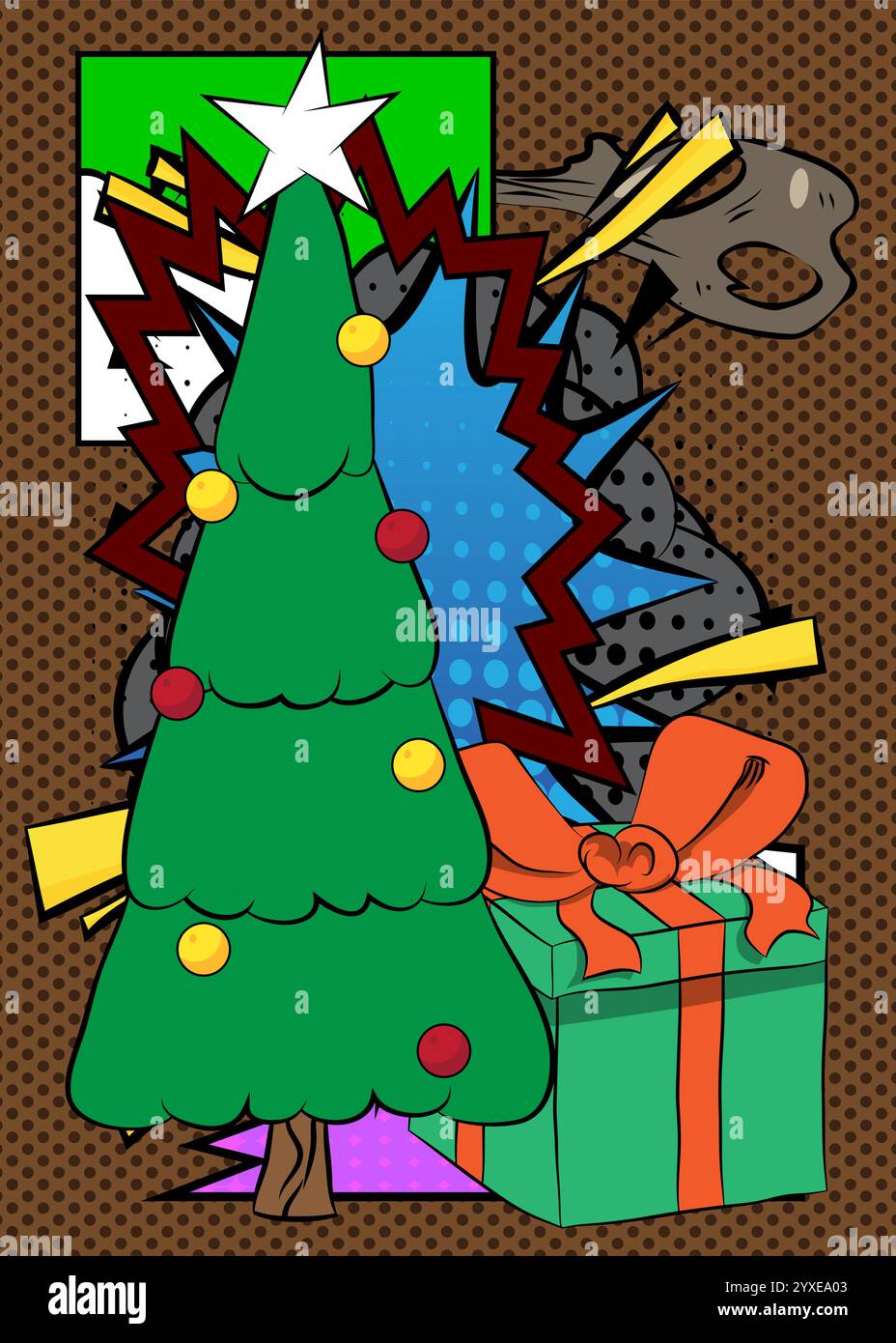 Cartoon Gift Box and Christmas decorated pine tree, comic book ...