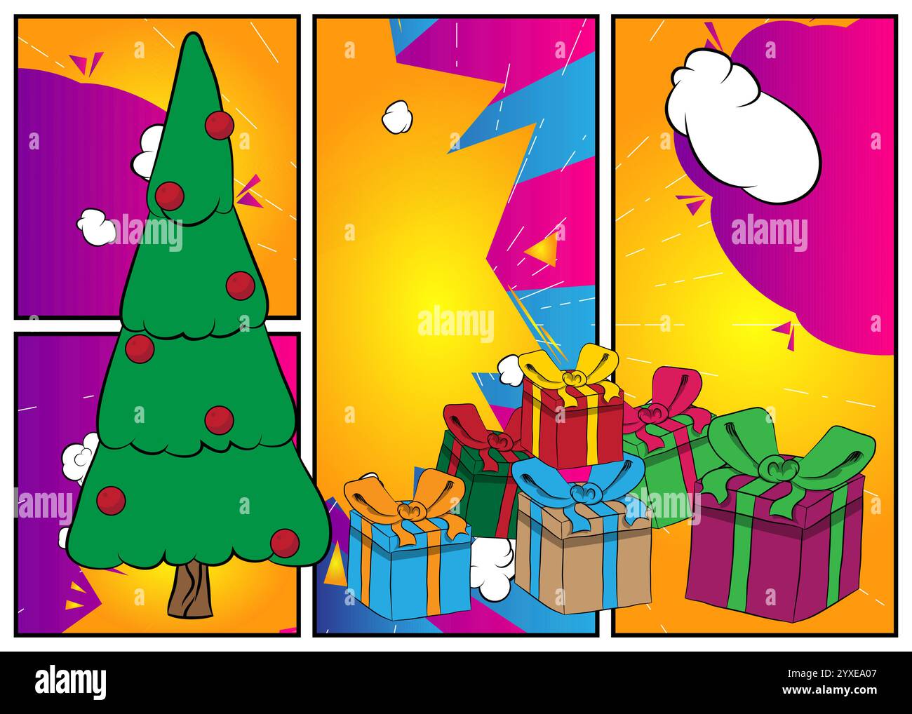 Cartoon Gift Box and Christmas decorated pine tree, comic book ...
