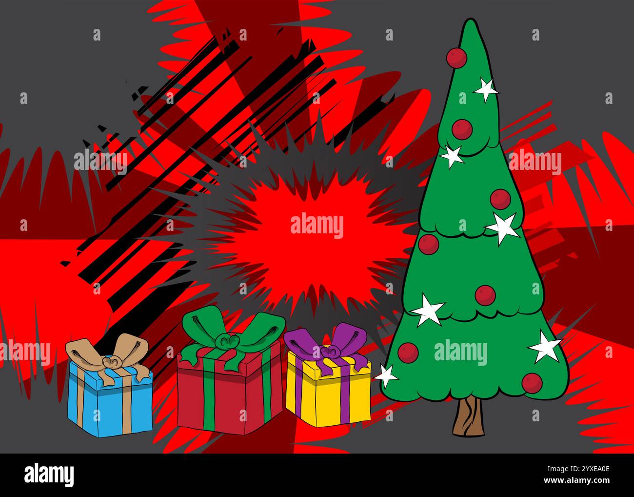 Cartoon Gift Box and Christmas decorated pine tree, comic book ...