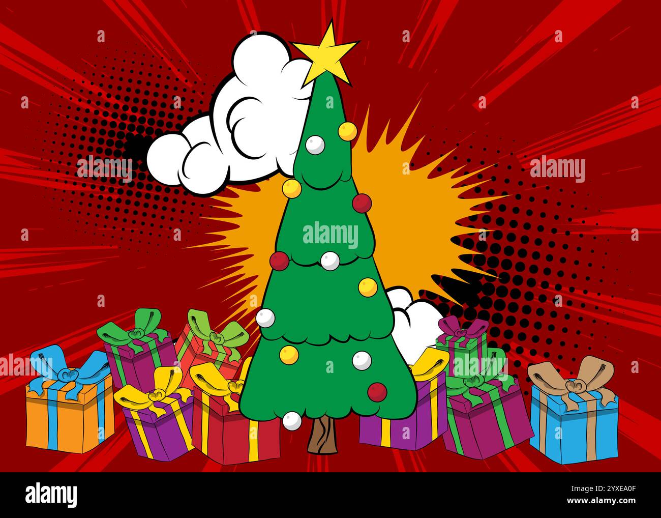 Cartoon Gift Box and Christmas decorated pine tree, comic book ...