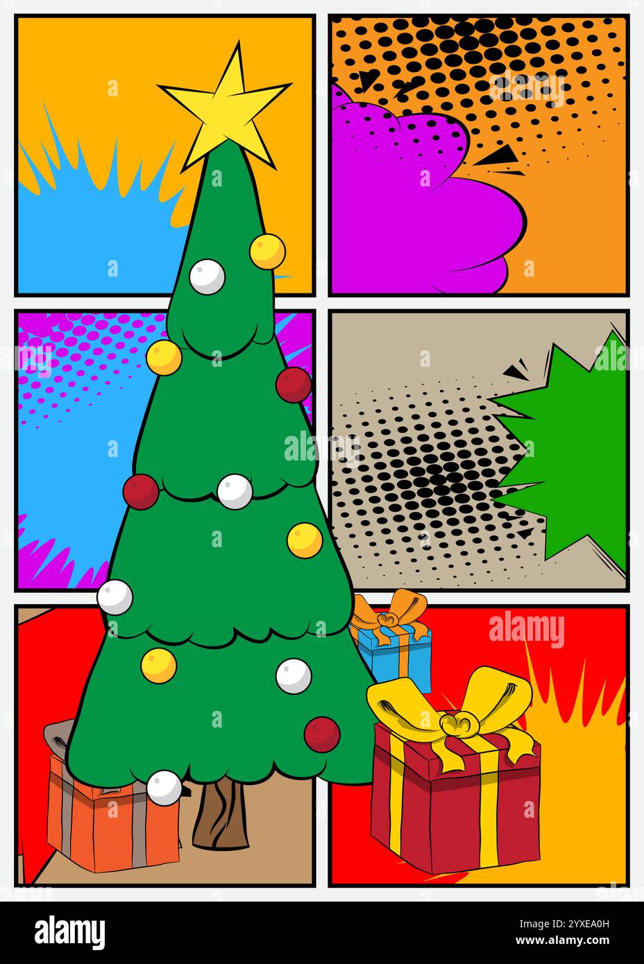 Cartoon Gift Box and Christmas decorated pine tree, comic book ...