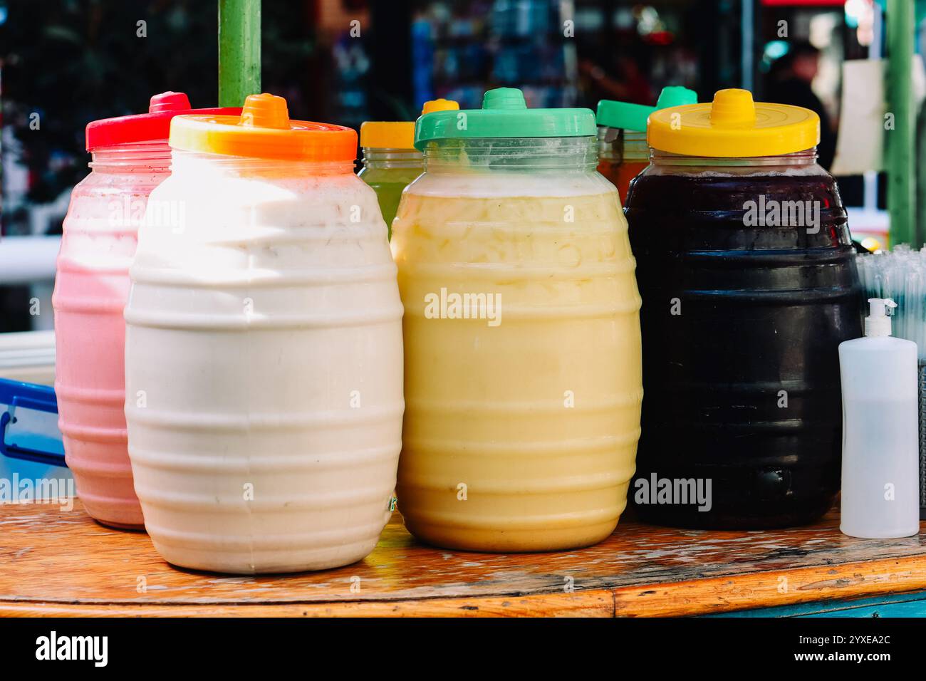 Flavored water with fruit and horchata, traditional beverage in Mexico ...