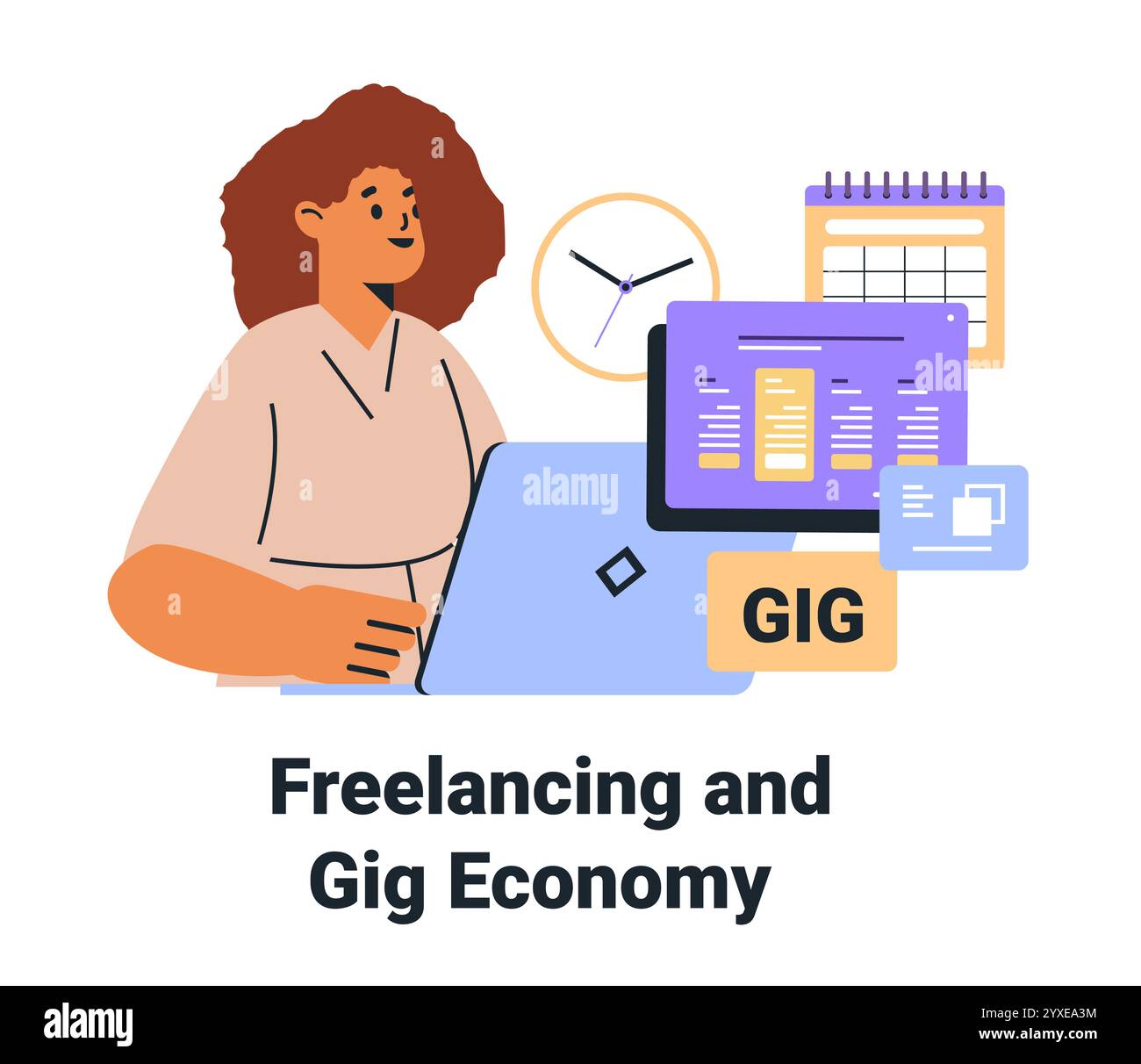 Freelancing gig economy concept woman laptop clock calendar digital ...