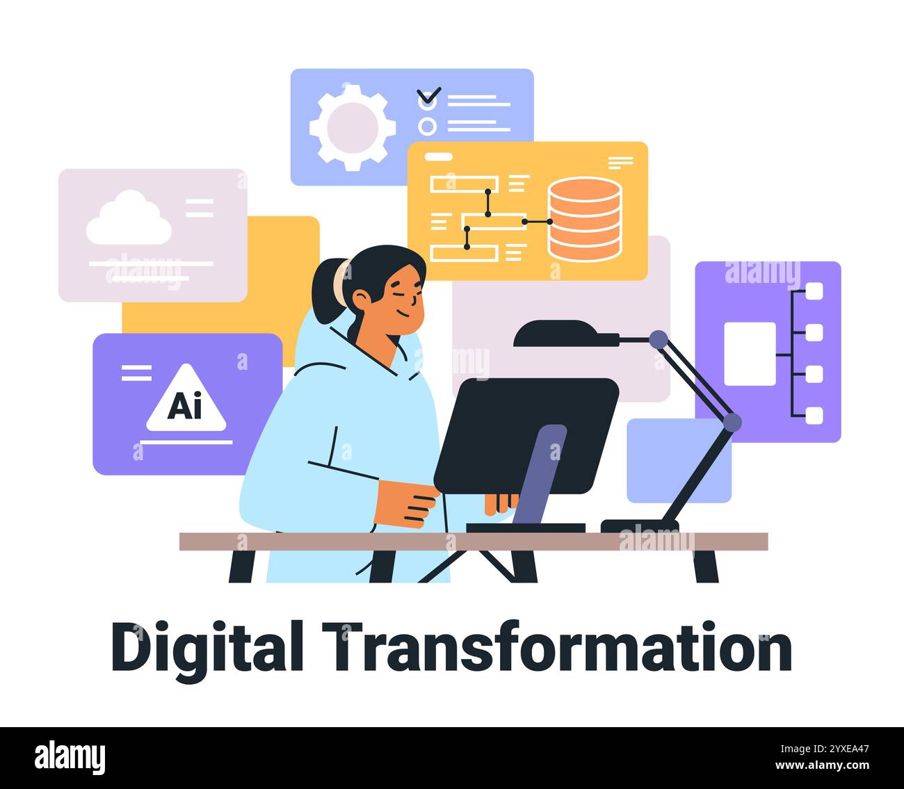 Digital transformation concept woman working technology colorful interface elements tech icons ...