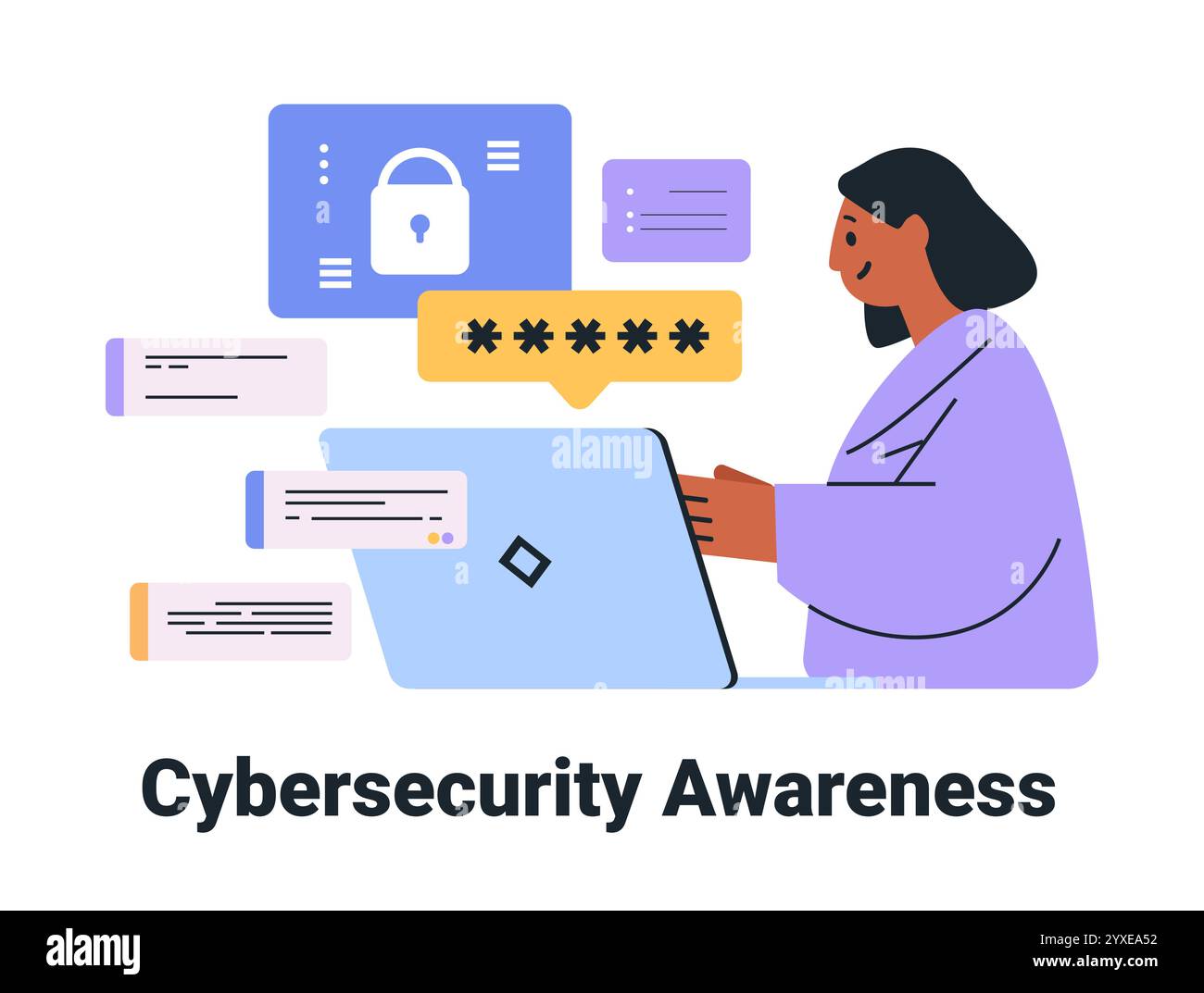 Cybersecurity awareness woman using laptop digital security concept lock icons passwords ...