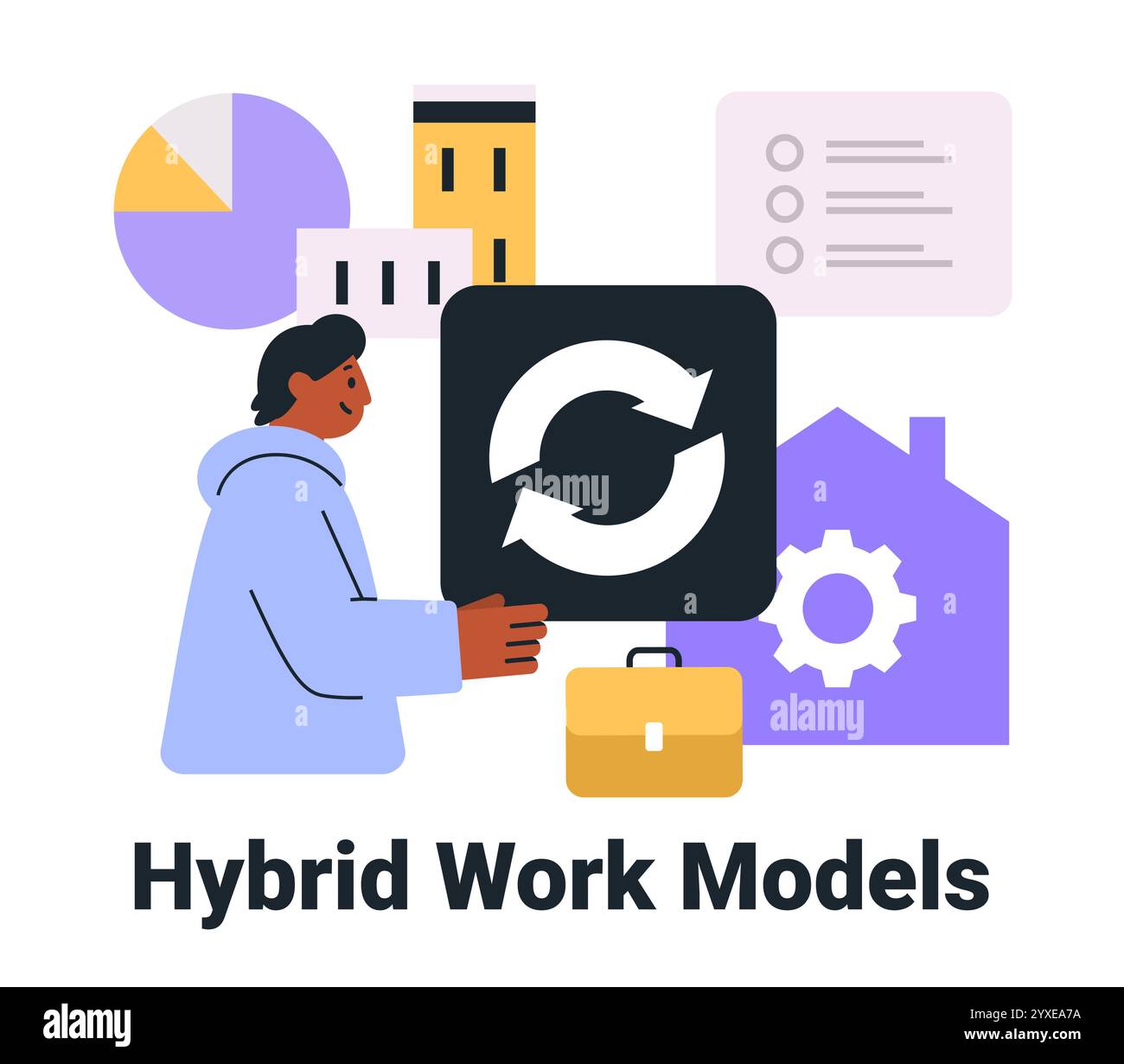 Hybrid work models concept with person holding sync icon buildings pie ...