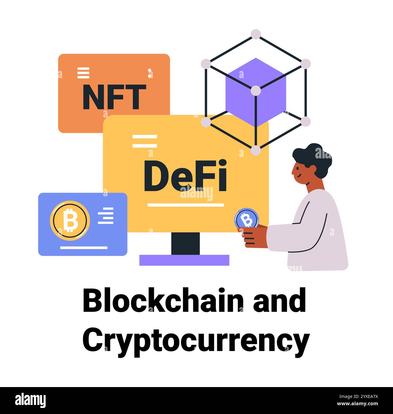 Blockchain cryptocurrency concept with DeFi NFT elements person holding ...
