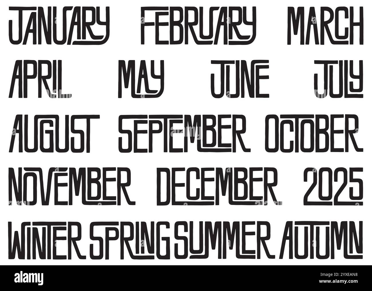 2025 Calendar Month and Season lettering compilation set. Vector ...