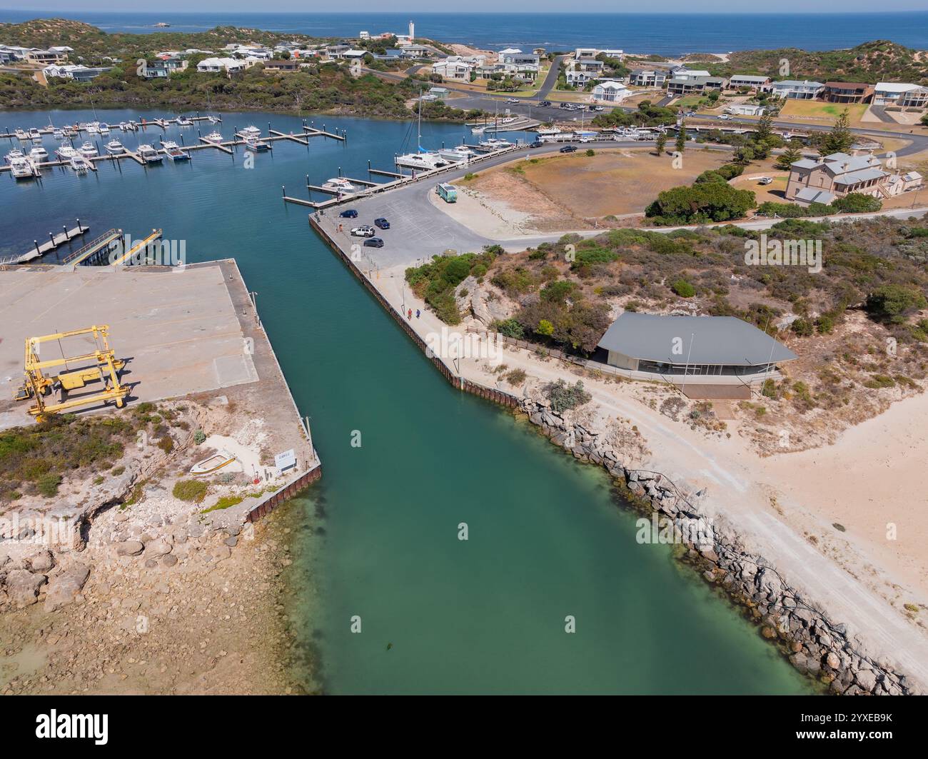 Aerial view of the narrow entrance to a coastal harbor at Robe on the ...