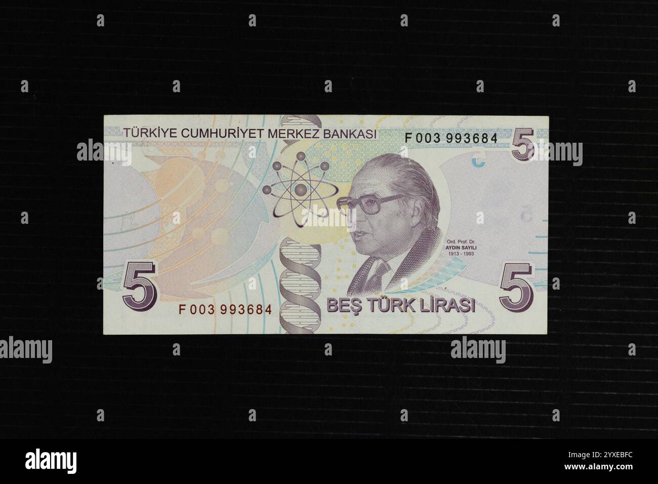Turkey 5 lira banknote featuring Dr. Aydin Sayili, a historian of ...