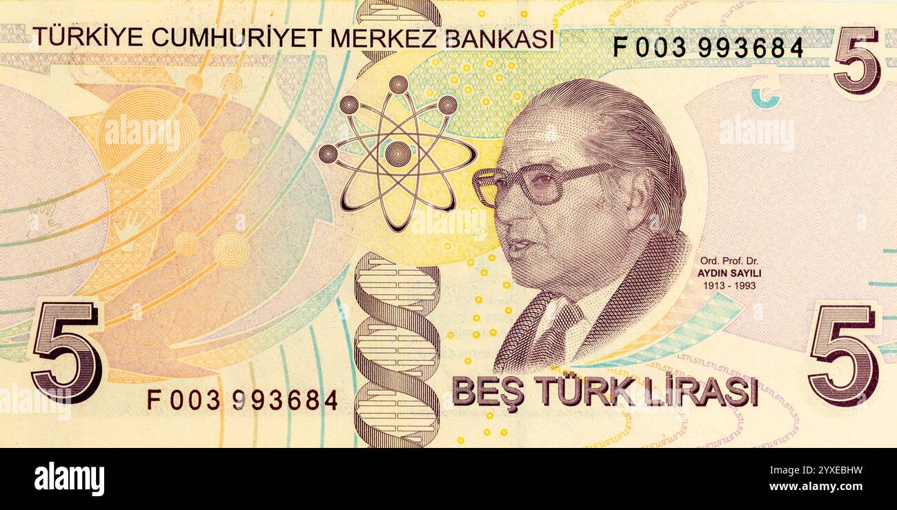 Turkey 5 lira banknote featuring Dr. Aydin Sayili, a historian of ...