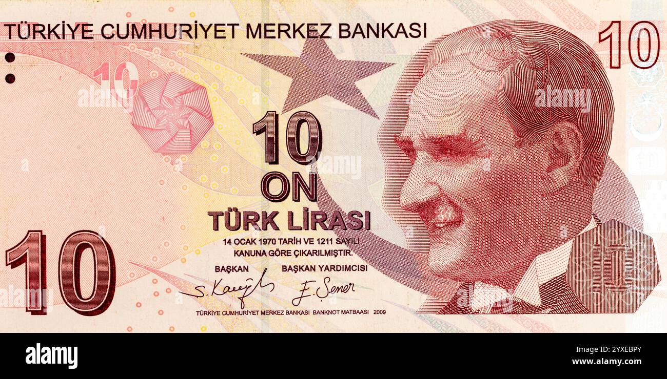 Turkey 10 lira 2009 banknote featuring president Mustafa Kemal Ataturk ...