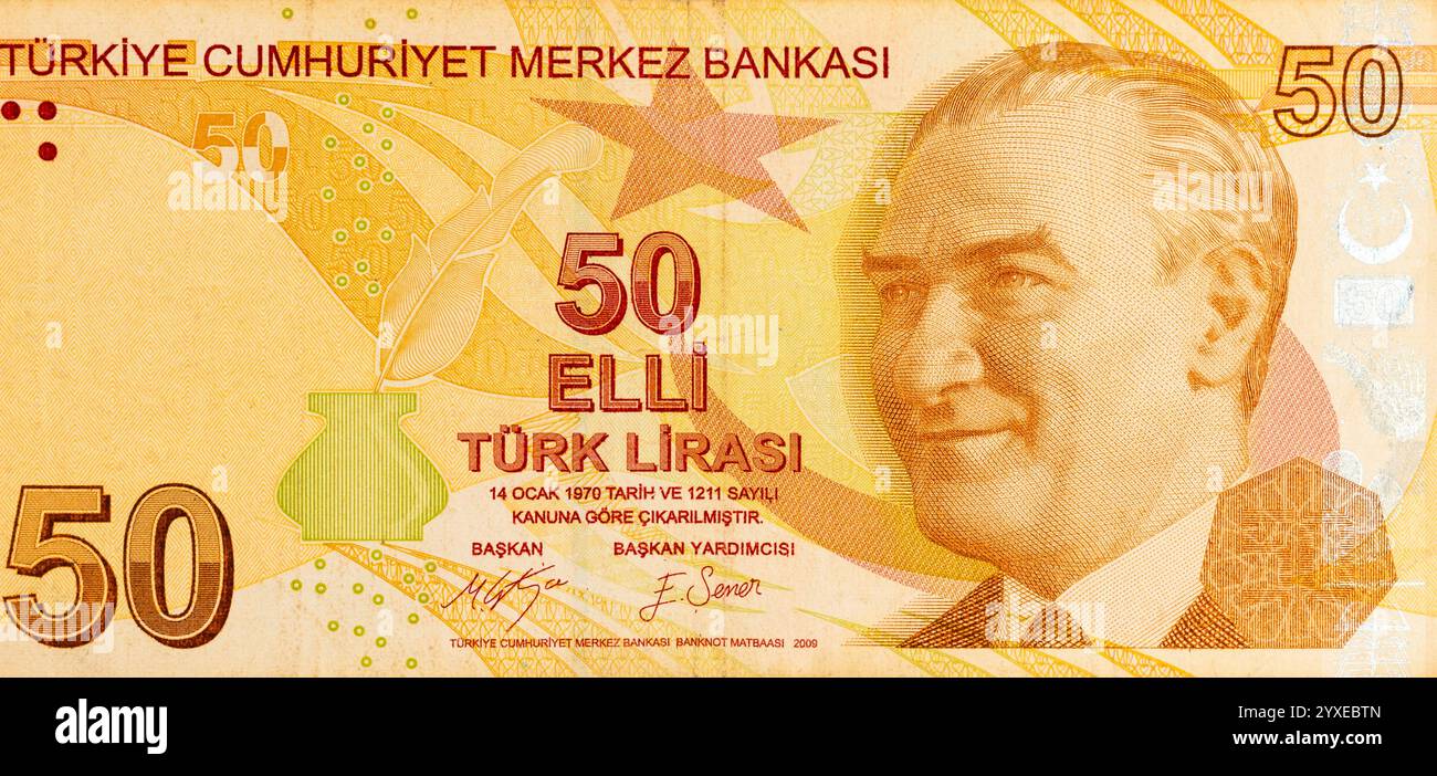 Turkish 50 lira banknote featuring Mustafa Kemal Ataturk portrait Stock ...