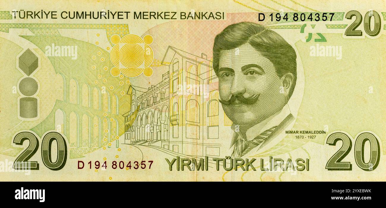 Turkey 20 lira 2009 banknote featuring Mimar Kemaleddin (1870-1927 ...