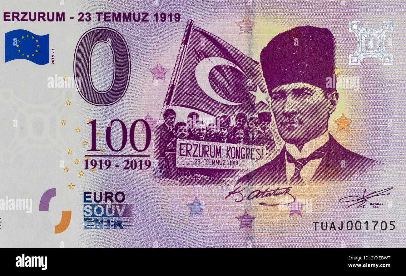 Souvenir 0 zero-euro Turkey banknote. 100th anniversary commemorative ...