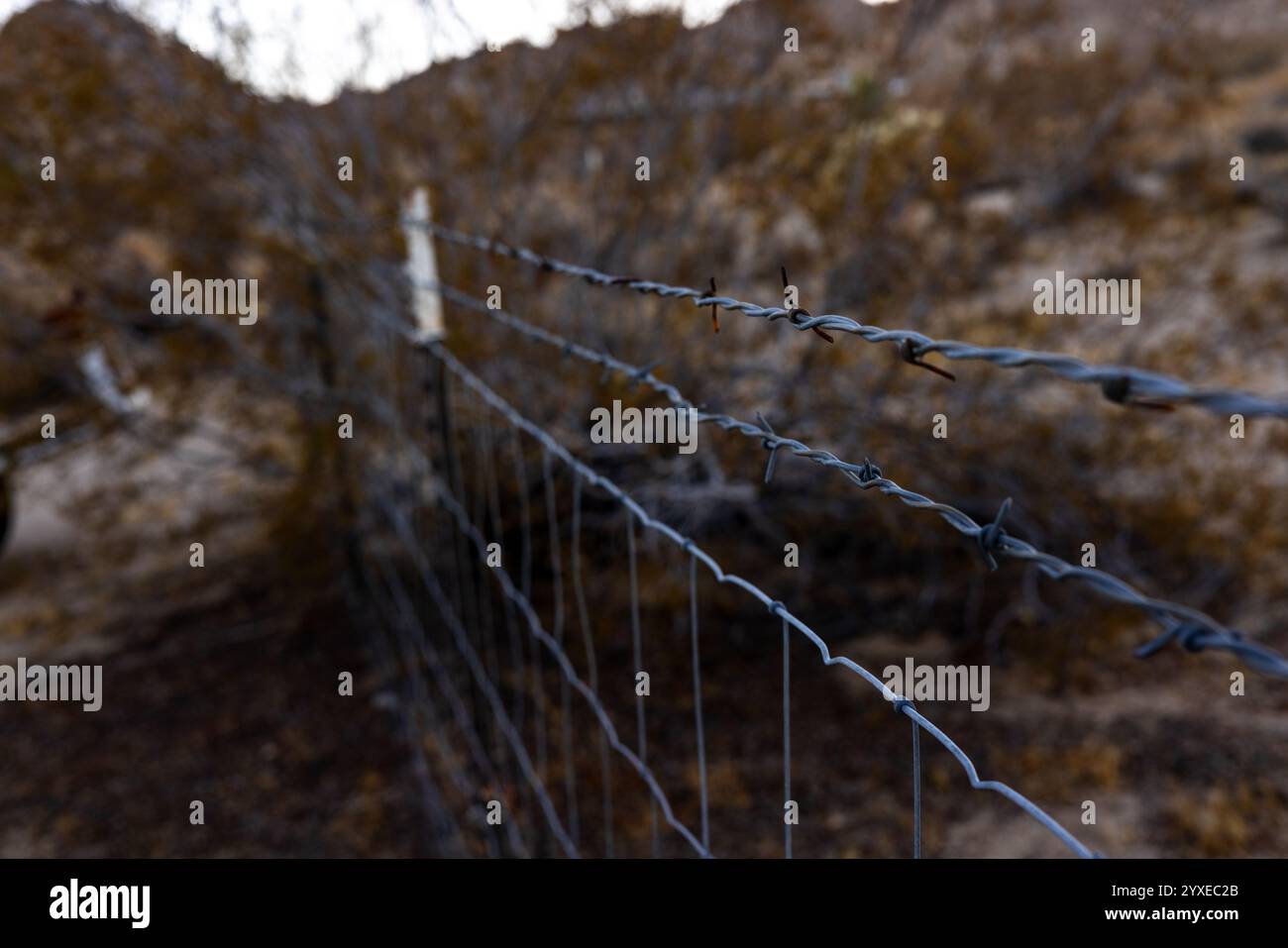 Barbed Wire Fence With Desert Background Stock Photo - Alamy