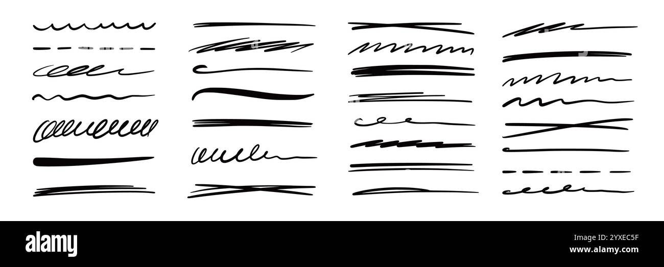 Line pen brush marker stroke underline vector set. Hand drawn doodle ...