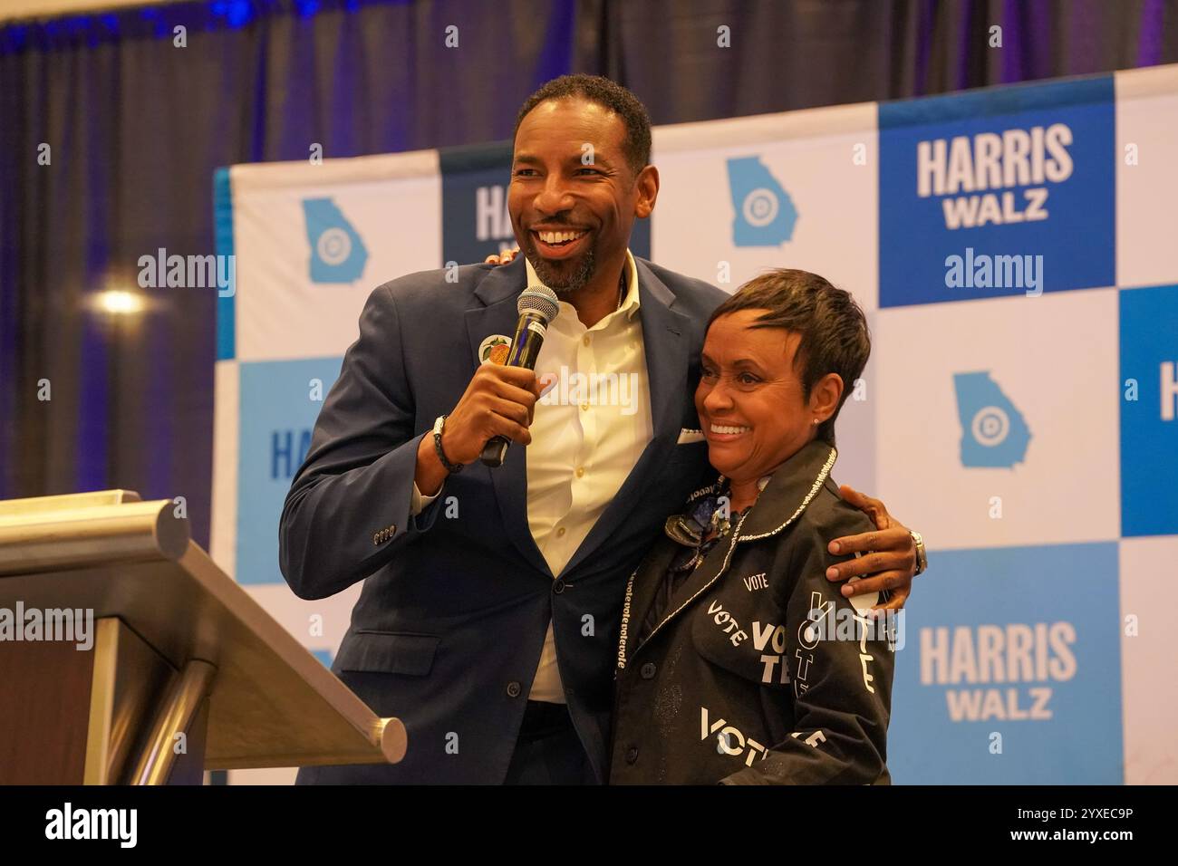 Atlanta Mayor Andre Dickens and Judge Glenda Hatchett speak onstage ...