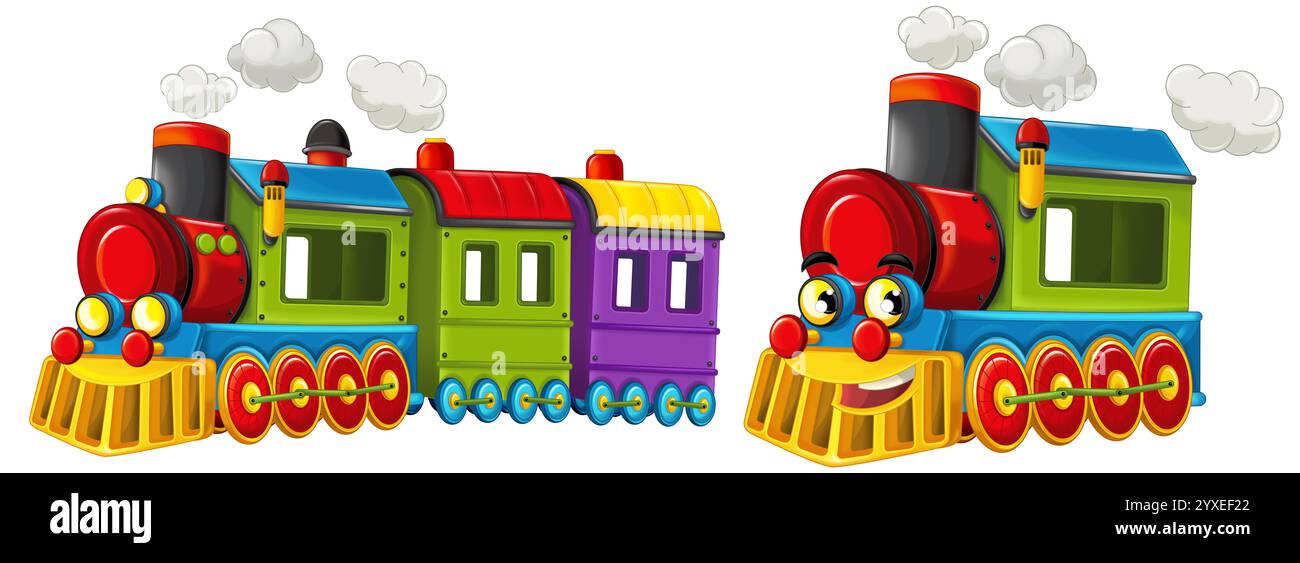 Cartoon funny set of looking steam train locomotive vehicle ...
